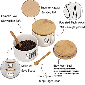 VICUKIE Farmhouse Salt And Pepper Bowls,Stacked Ceramic Salt Cellar With Bamboo Lid, Salt Container With Lid And Spoon, Modern Farmhouse Kitchen Decor, Salt Box, Spice Box (WHITE AND WHITE)