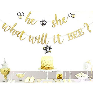 He She What Will It Bee - Golden Glitter Party Banner Decorations, Bee Gender Reveal Banner, Bee Theme Baby Shower, Baby Shower Shower Banner，golden Glitter Banner