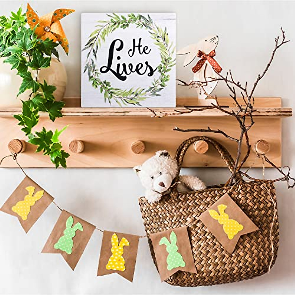 3 Pieces Easter Christian Table Decorations Signs He Is Risen Decor Wooden Inspirational Tiered Tray Block Signs Easter Spring Table Centerpieces He Lives Tabletop Decor for Holidays Home