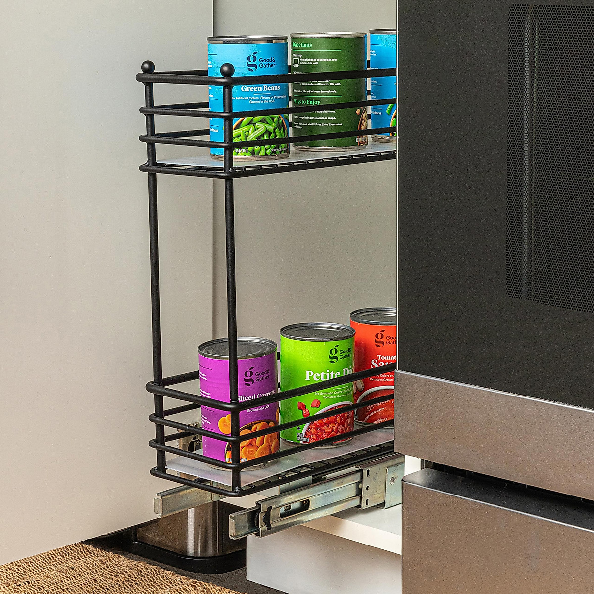 Household Essentials Narrow Sliding Cabinet Organizer, Two Tier Organizer, Matte Black, Great for Slim Cabinets in Kitchen, Bathroom and More, 5"