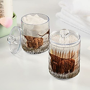 Scottish Highland Cow Qtip Dispenser Apothecary Jars Qtips Holder Bathroom Storage Canister Plastic Jar 10 Oz for Cotton Ball Swab Round Pads Floss 2pcs