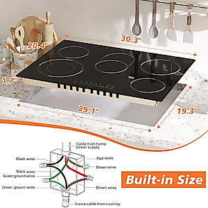 Traenvir 30 Inch Electric Cooktop, 5 Burner 8400W Built-in Electric Stovetop, Ceramic Cooktop with Expanded Zone, Slide Touch Control, Timer, Child Safety Lock, Pause, 220V - 240V Hard Wire, No Plug