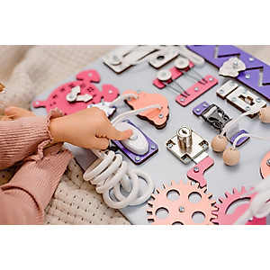 Wooden Busy Board Montessori for Toddlers - Premium Quality - Made in Ukraine with Love - Great Birthday Gift for Boys and Girls, Baby, Kids - Learning, Education, Travel, Activity, Sensory (Bright)