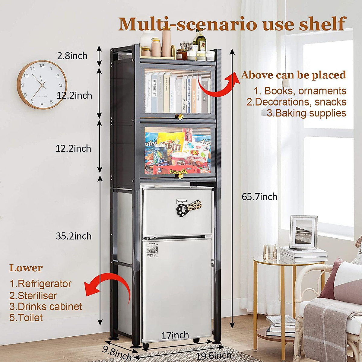 Mini Fridge Stand with Fixed Shelves, Over The Fridge Storage Organizer for Dorm, Kitchen, Office , Sturdy Metal Frame, Black, Multi Tier Shelf for Snacks, Drinks, Condiments, and Pantry Essentials