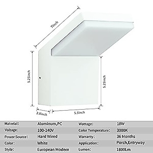 Inowel Wall Light Outdoor LED Wall Mount Lamp White Modern Wall Sconce Lighting Lantern Fixture Aluminum Lights for Porch Front Door Garden Yard Patio IP65 Waterproof 18W 1800Lm 3000K