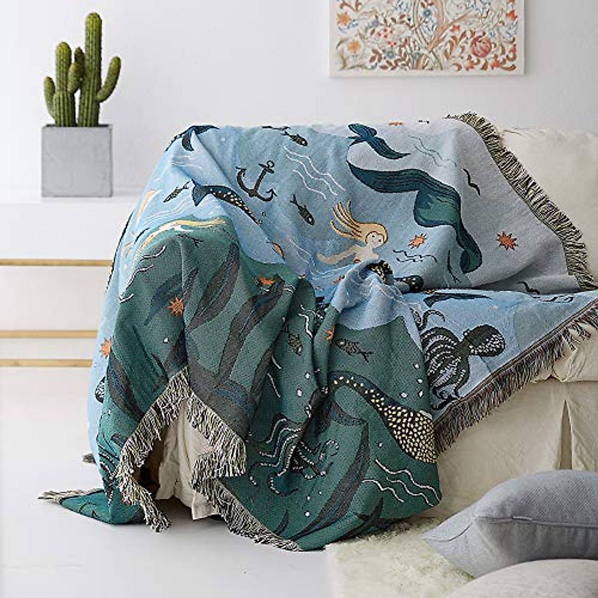 shlutesoy Throw Blankets, Throw Blanket, Mermaid Fish Ocean Tassel Sofa Cover Couch Chair Throw Blanket Carpet Tapestry 180cm x 230cm