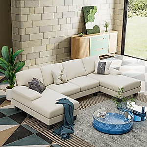 Flamaker Convertible Sectional Sofa Couch, Modern Fabric U-Shaped Living Room Furniture Set, 4-Seat Sectional Sleeper Sofa with Double Chaise & Memory Foam (White)