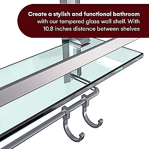 Vdomus Glass Bathroom Wall Organizer Shelf, 2-Tier Glass Shelf with Integrated Towel Bar Wall Mounted Shower Storage 15.2 by 5 inches, Brushed Silver Finish (2 Tier Glass Shelf)