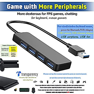 4-Port USB Hub 3.0, T-Sound USB Splitter for Laptop, Ps4 Keyboard and Mouse Adapter for Dell, Asus, HP, MacBook Air, Surface Pro, Acer, Xbox, Flash Drive, Mobile HD, Console, Printer, Camera …