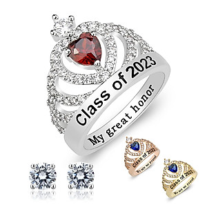 Ccjcinata Custom Class Rings for Women High School Crown Rings Cubic Zirconia Birthstone Rings Class Rings for Women College Rings for Women Size 5-15 Birthstone Ring for Girls