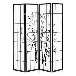 Athena Collection 4 Panel Room Dividers Bamboo Printing Privacy Screen, 5.9ft Japanese Folding Partition Room Divider Portable Freestanding Wood Room Separation Wall for Bedroom Home Office, Black