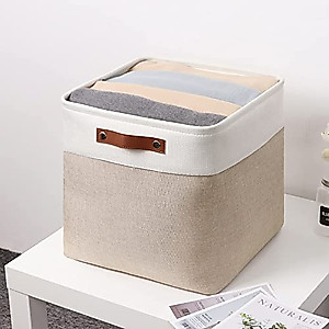 Temary Cube Storage Bins Storage Basket for Shelves Fabric Storage Cubes Closet Baskets for Cube Storage with Leather Handles, Cloth Bins for Home and Office (White & Khaki, 13x13x13 Inch)