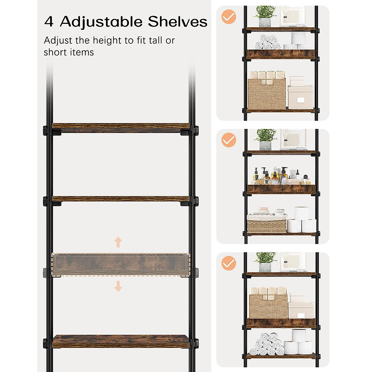 ALLZONE 4-Tier Over The Toilet Storage Shelf, Wood Bathroom Organizer Over Toilet Cabinet with Adjustable Shelf, Versatile Rack Fits Most Tight Space, Easy Assembly, 92" to 116" Height, Rustic Brown