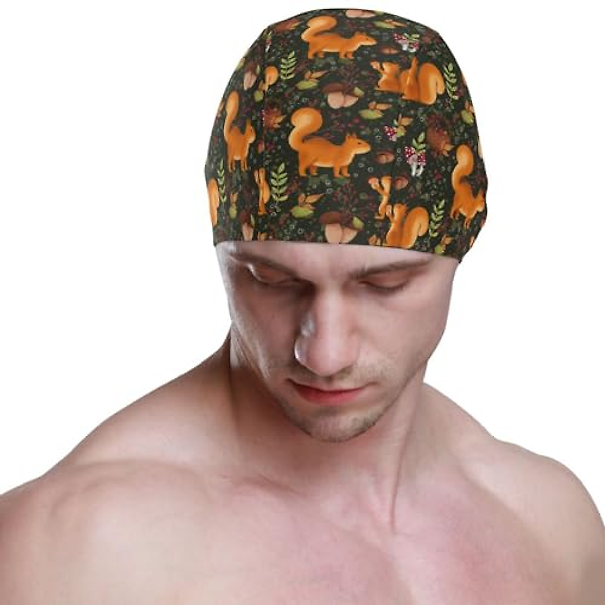 Dallonan Swimming Cap Unisex Adult Swim Cap Women Men Forest Squirrel Acorns Polyester
