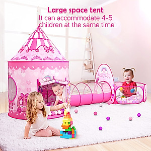 GeerWest 3PC Princess Tent for Girls with Kids Ball Pit and Crawl Tunnel for Toddlers, Pink Pop Up Playhouse Toys Indoor& Outdoor for Birthday Gifts