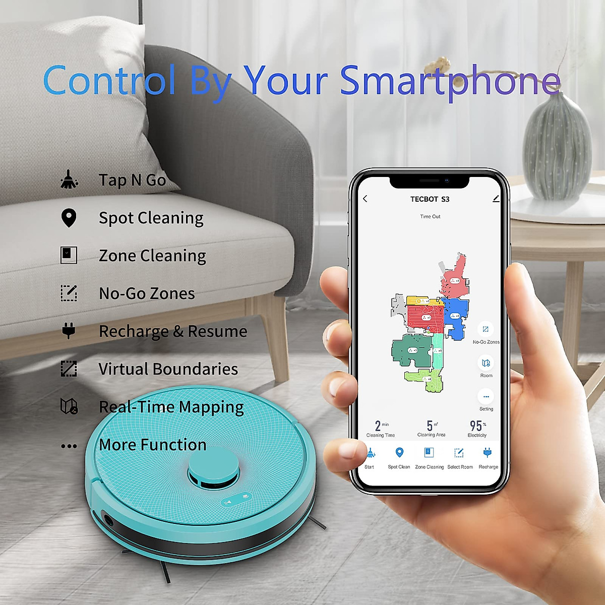 TECBOT Robot Vacuum,3000Pa Super Strong Suction,Robot Vacuum Self Emptying Charging,Remote Wi-Fi/App/Alexa Control,Quiet,Ideal for Hard Floors/Carpets,Cat Dog Pet Hair-S3 Blue