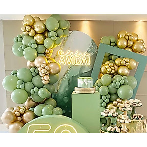 MEBAY Sage Green White Gold Balloon Garland Arch Kit, 146Pcs Latex Balloons Different Sizes 18 12 10 5 Inch for Birthday Baby Shower Gender Reveal Wedding Party Decoration