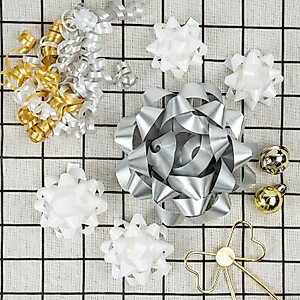 WRAPAHOLIC 40 Pcs Gift Bows Assortment - 28 Assorted Size Gift Bows(Gold&Silver&White), 1 Pull Bow, 2 Tinsel Bows, 2 Fountain Bows, 2 Curly Bows, 4 Curling Ribbons, 1 Cotton Twine