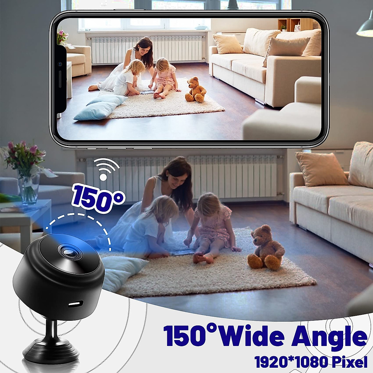 Mini Security Camera (A 64G SD Card Included), 1080P HD WiFi Home Indoor Outdoor Camera for Baby/Pet/Nanny, IP Camera Remote Viewing for Security with iOS, Android Phone APP
