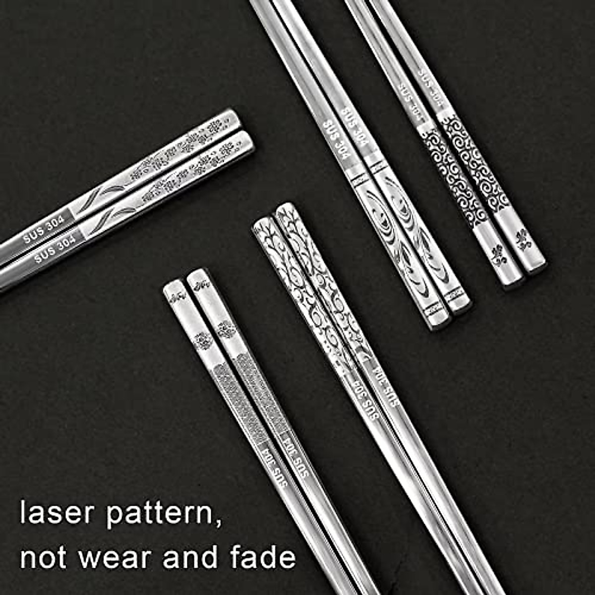 5 Pairs Stainless Steel Chopsticks JOMUCO Reusable Metal Chopsticks Dishwasher Safe Laser Engraved Pattern Chinese Korean Japanese Chopsticks Gift Set Easy to Use and Clean (Silver)