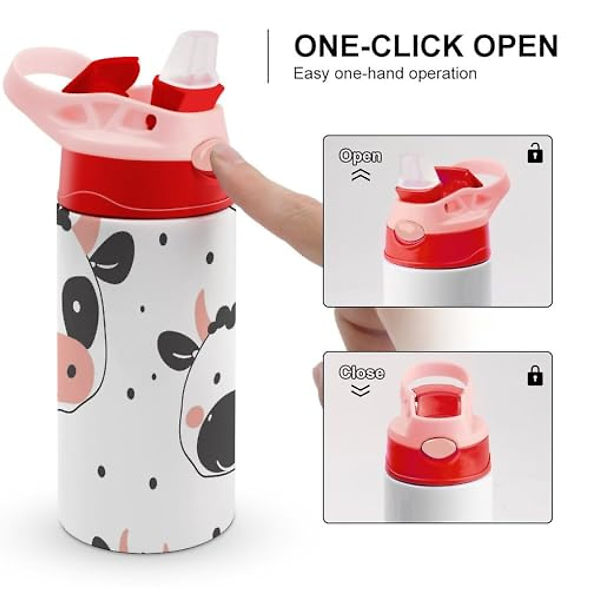 Stainless Steel Water Bottles Cartoon Cow Print Travel Water Cups with Handle And Silicone Straw Drinking Cup with Leak Proof Lid Thermo Travel Mug for Women Men