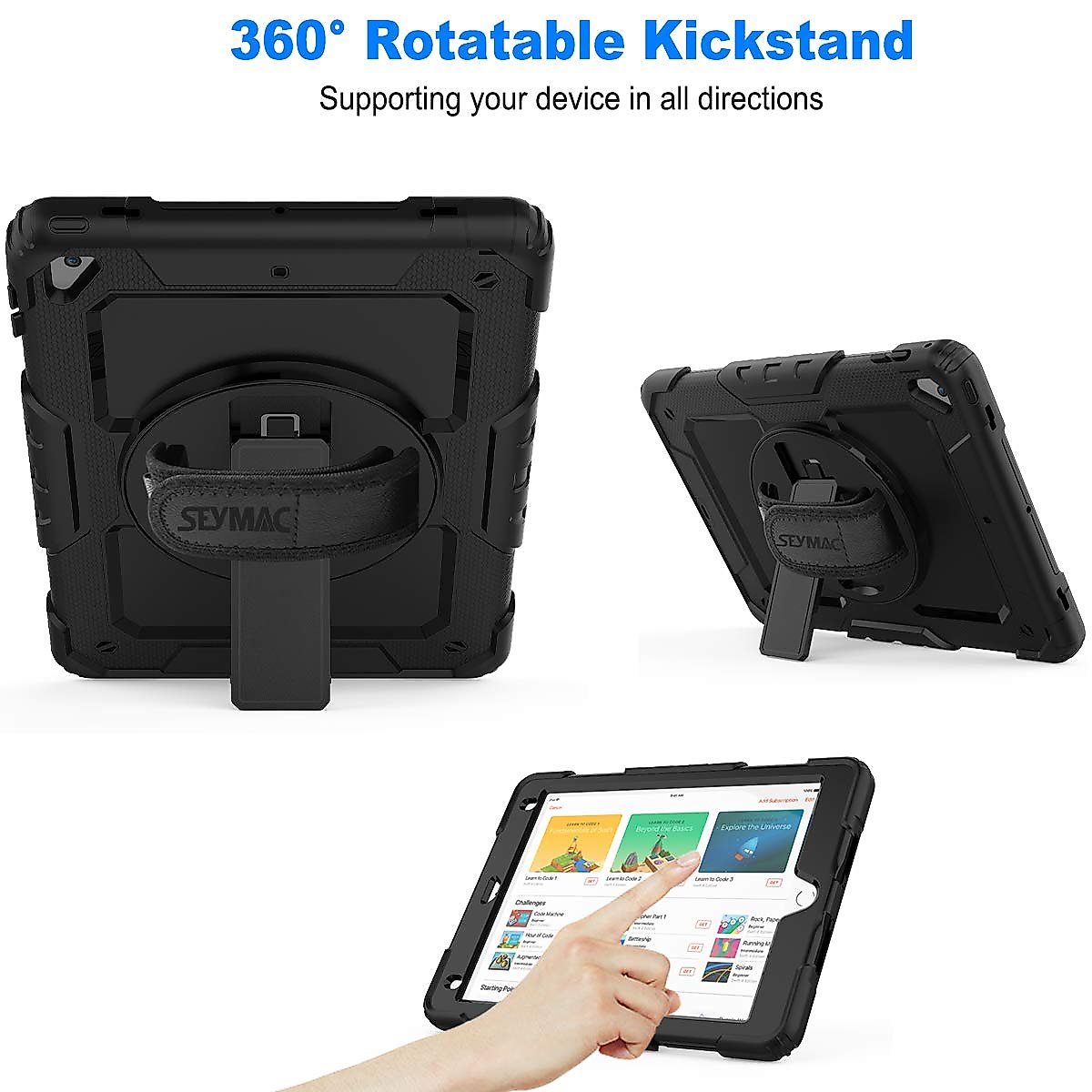 SEYMAC stock case for iPad 6th/5th Generation Case 9.7'' with Screen Protector Pencil Holder [360 Rotating Hand Strap] &Stand, Drop-Proof Case for iPad 6th/5th/ Air 2/ Pro 9.7 (Black)