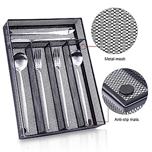 WuGeShop Silverware Drawer Organizer Black, Kitchen Drawer Organizer Metal Mesh Utensil Tray Non-Slip Cutlery Tray, 5 Compartments