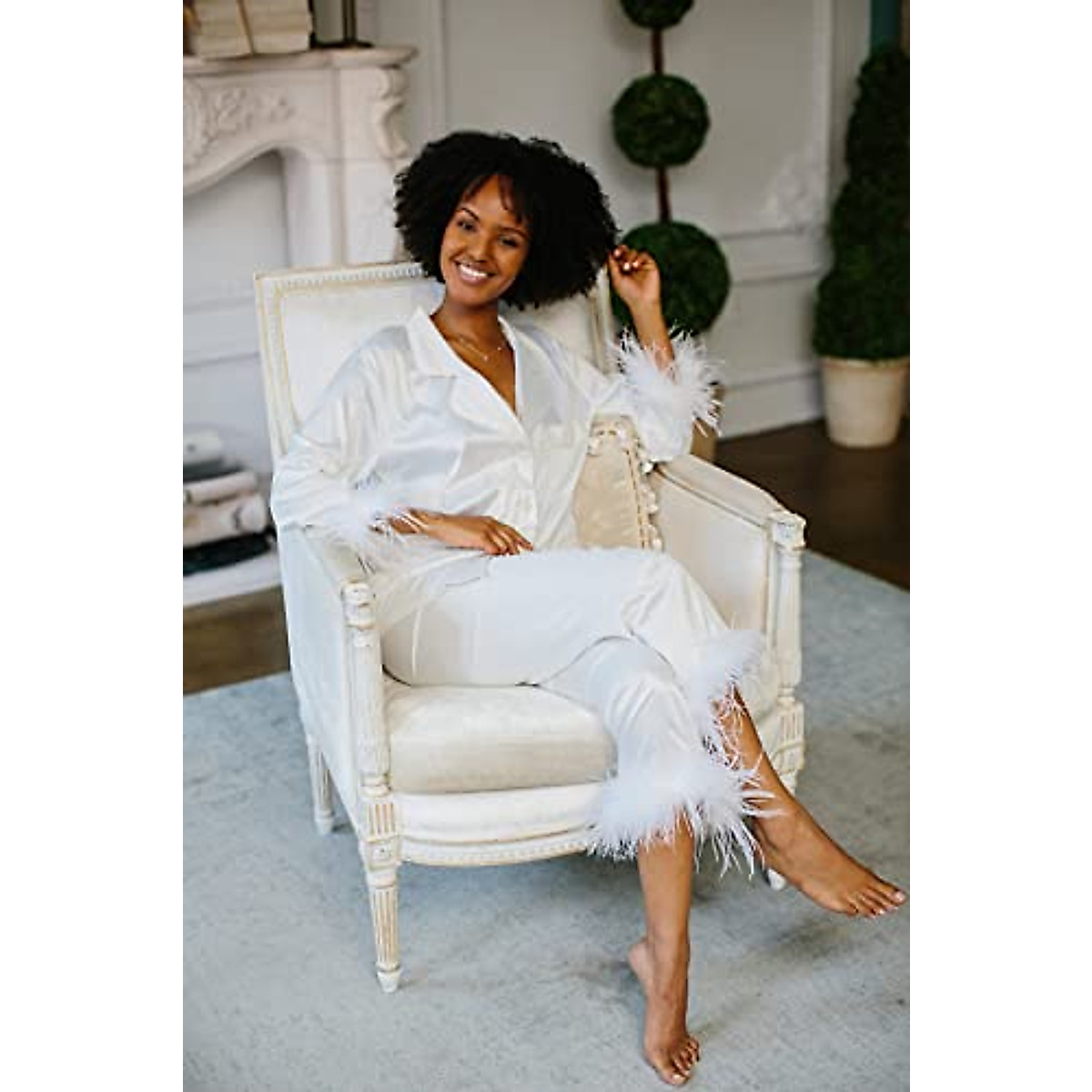 Belle's Design Women's Feather Trim Silk Satin Pajama Button Down Long Sleeve and Pants Set Sleepwear Loungewear S To XXL (White, Small)