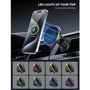 UGDLUCK for Magsafe Car Mount Charger, 15W Magnetic Wireless Car Charger with 8 RGB LED Backlit Magnetic Car Phone Holder Mount for iPhone 15 14 13 12