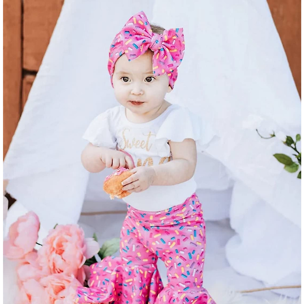 Lamuusaa Toddler Baby Girls Birthday Outfits Sweet One/Two Sweet Romper Shirts Doughnut Shorts/Flared Pants Headband Set