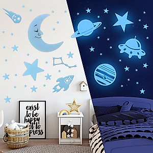 500Pcs 3D Glow in the Dark Stars Blue Glow in the Dark Stars for Ceiling Space Wall Decals Glowing Astronaut Universe Planet Galaxy Wall Stickers Ceiling Decorations for Boys Kids Bedroom Decor (Blue)