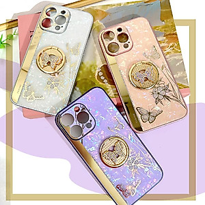AMAZFCCY iPhone 13 Pro Max 6.7'' Kickstand Case, [Upgraded Metallic Paint] Cute 3D Butterfly Bling Glitter Luxury Rhinestone Hard Back Soft TPU Bumper for Apple iPhone 13 Pro Max 2021 (Purple)