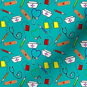 Spoonflower Fabric - Nurse Theme Medical Care Turquoise Blue Printed on Petal Signature Cotton Fabric Fat Quarter - Sewing Quilting Apparel Crafts Decor