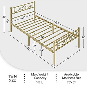 Yaheetech Twin Bed Frames Metal Platform Bed with Headboard and Footboard No Box Spring Needed Easy Assembly,Ground Clearance: 12.6''/Antique Gold/Twin Bed