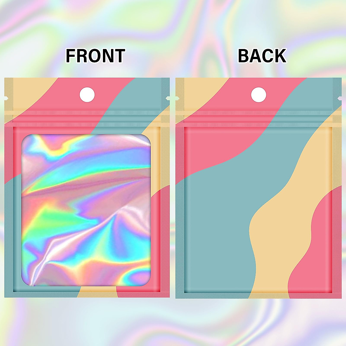 VEEMOS 100 Pieces Resealable Bags with Clear Window, Holographic Multicolored Packaging Bags Transparent Small Business Party Mylar Ziplock Bags 3.5 Inch Sample Bags
