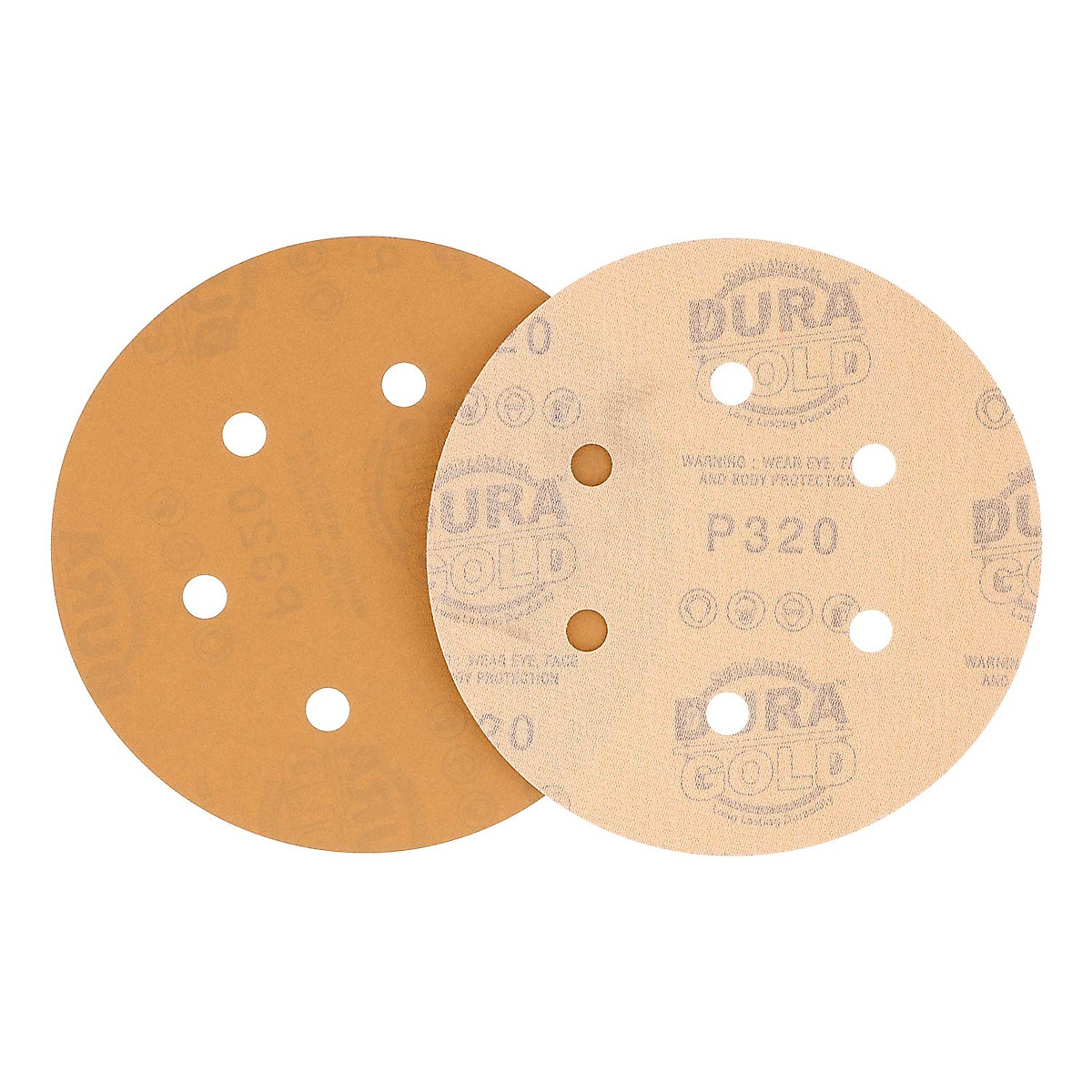 Dura-Gold Premium 320 Grit 6" Gold Sandpaper Discs, 6 Hole Pattern Dustless, Box of 50 - Hook & Loop Backing for DA Sander, Finishing Fine Cut Sanding Abrasive Automotive Paint, Woodworking Wood Metal