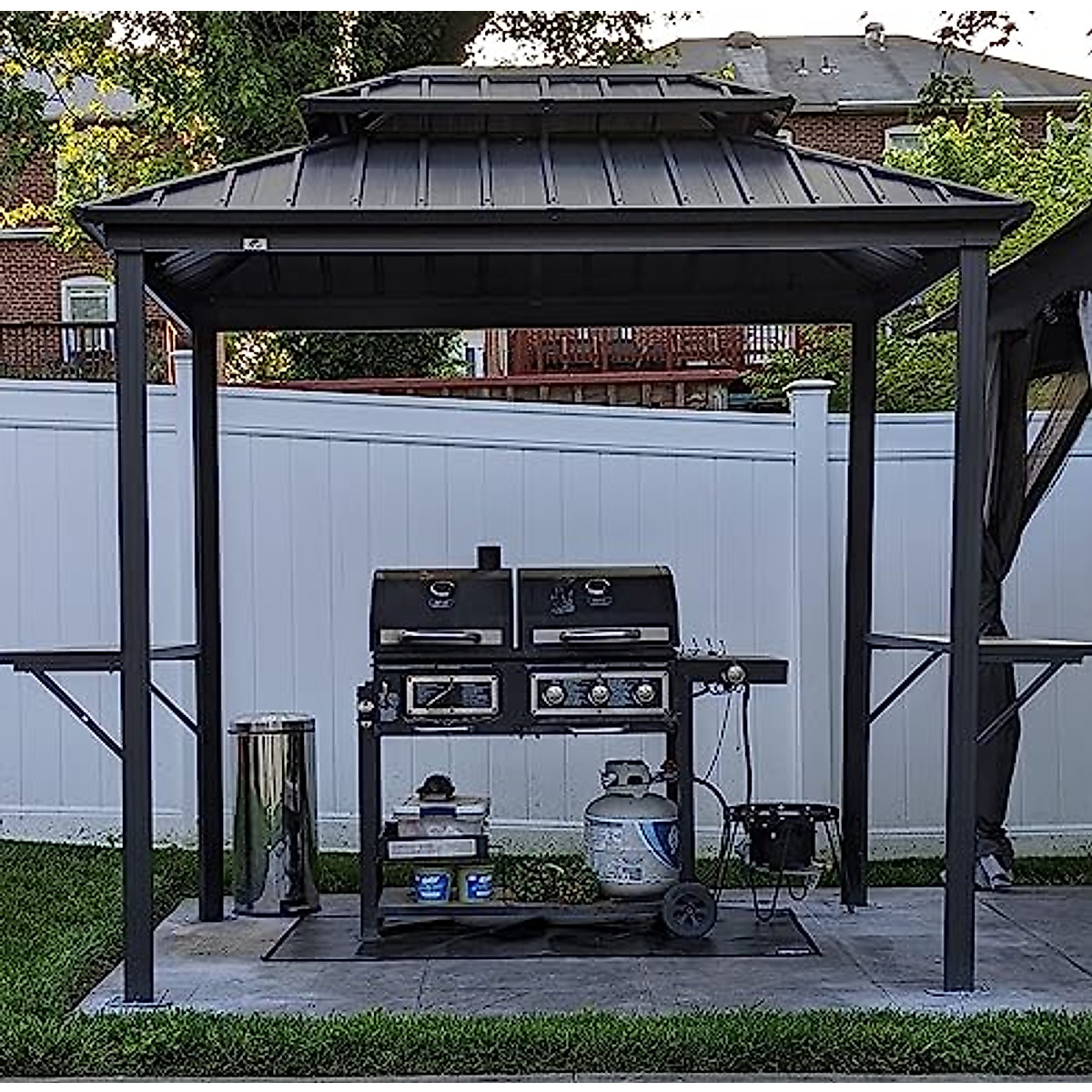 PURPLE LEAF 6' X 8' Hardtop Grill Gazebo for Patio Permanent Aluminum Barbeque Shelter Gazebo Canopy with Ceiling Hook and Shelves Double Tiered Grey Outdoor BBQ Gazebo
