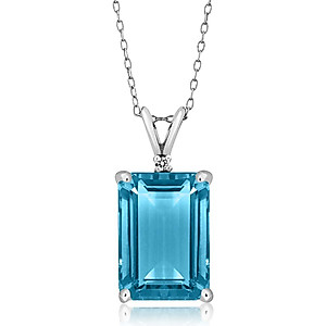 Gem Stone King 925 Silver Swiss Blue Topaz and White Topaz Pendant Necklace For Women (9.72 Cttw, Gemstone November Birthstone, Emerald Cut 14X10MM, with 18 Inch Silver Chain)