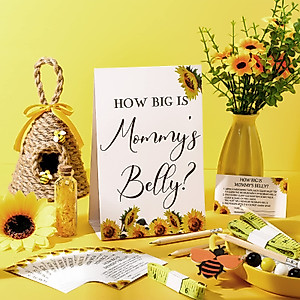 Sabary 64 Pcs Guess Baby Shower Games Include How Big Is Mommy's Belly Sign Measure Baby Bump Game and 50 Guessing Cards with 10 Pencils 3 Measuring Tapes for Baby Shower Party(Sunflower)