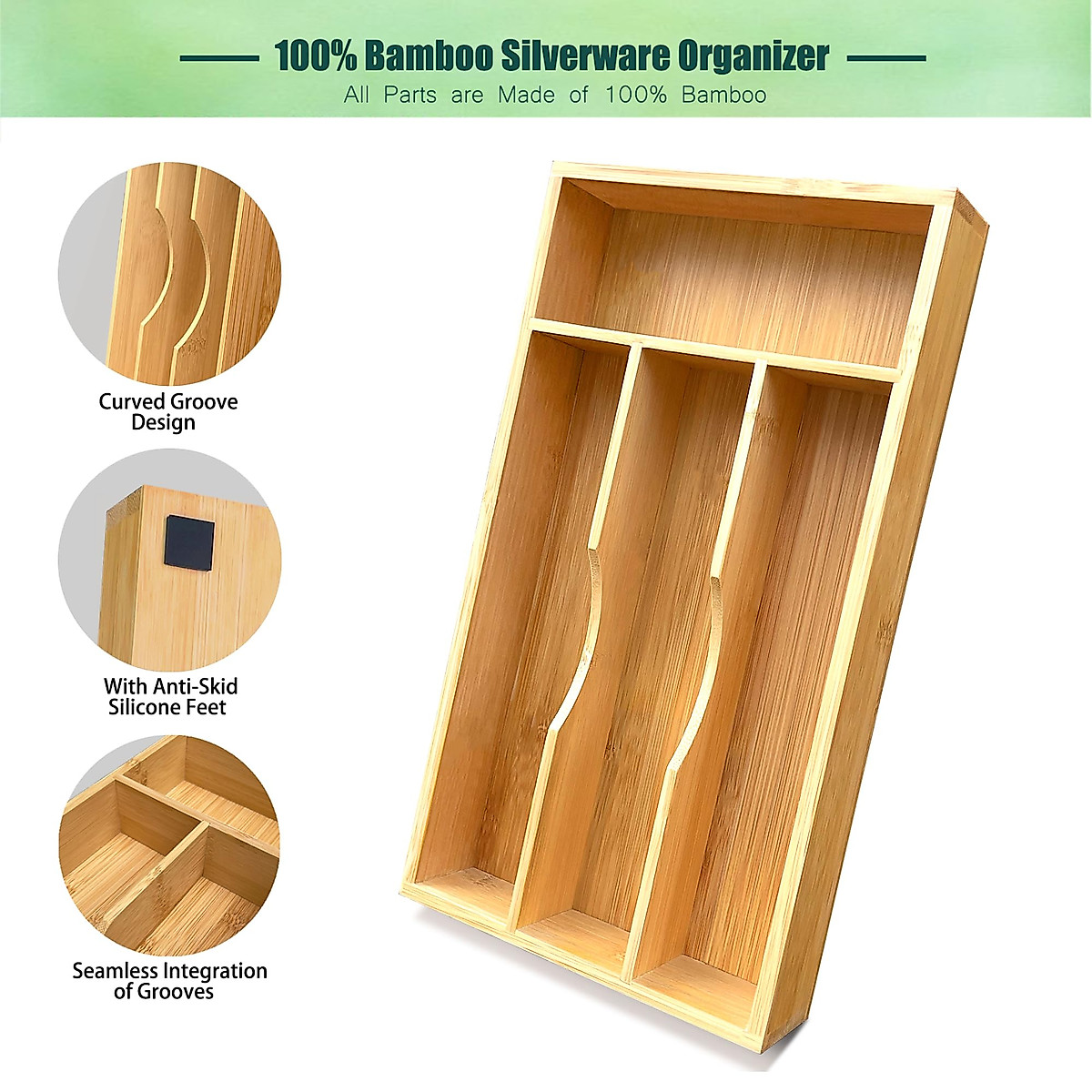 guiogc Bamboo Kitchen Drawer Silverware Organizer, 7 Inch Silverware Utensils Tray Holder for Small Drawer, Wood Caddy for Flatware Cutlery Knives 4-Slots