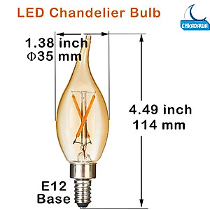 CHKADAWA 12 Pack E12 Dimmable Amber Candelabra Light Bulbs, Flame Tip 40 Watts Equivalent, Chandelier Light Bulbs CA11, Vintage Candle LED Bulb, Warm White 2200K, CRI 90+