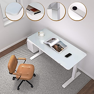 ERGOMORE Glass Standing Desk with Drawer - 45 x 23 Inches Adjustable Height Desk with Memory Preset & USB Ports, Sit Stand Desk for Home and Office (White)