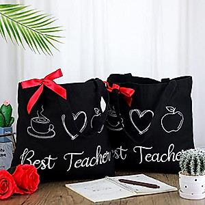 4 Pieces Black Canvas Bag for Teacher Tote Bags for Women Teacher Canvas Bags Teacher Bag with Red Bow Best Teacher Gifts for Women, Teacher's Day, Graduation, Back to School Travel Supplies Christmas