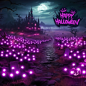 KELME Halloween Decorations Outdoor, 8 Pack 64 LED Swaying Solar Halloween Lights, Bright Firefly Garden Lights Solar Outdoor Halloween Decor Decorations for Outside Yard Pathway - Purple