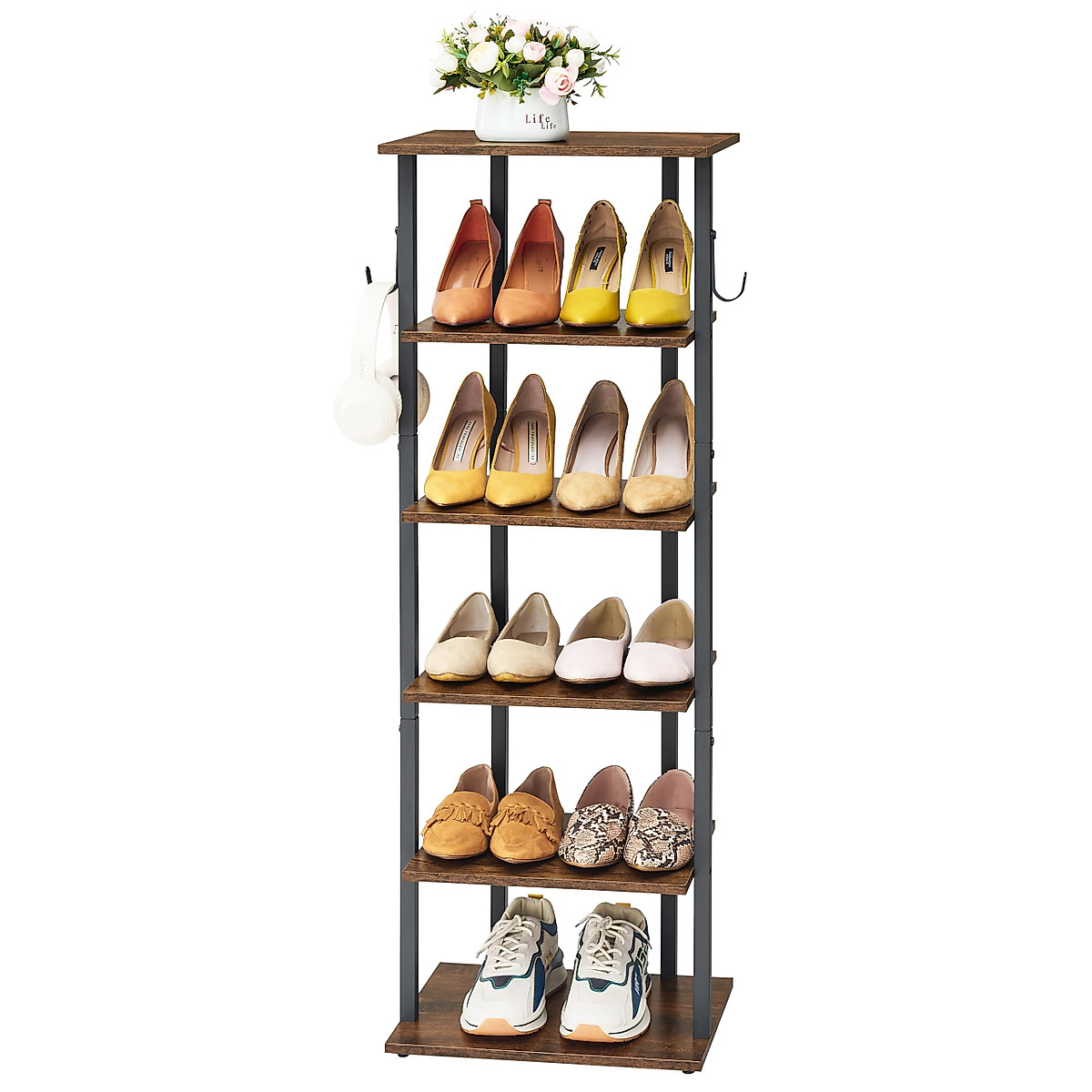 Tajsoon 6 Tier Tall Narrow Shoe Rack Organizer with 2 Hooks, Vertical Shoe Rack for Small Spaces, Shoe Shelf for 10-12 Pairs of Shoes, Small Shoe Rack for Closet, Entryway, Living Room, Bedroom