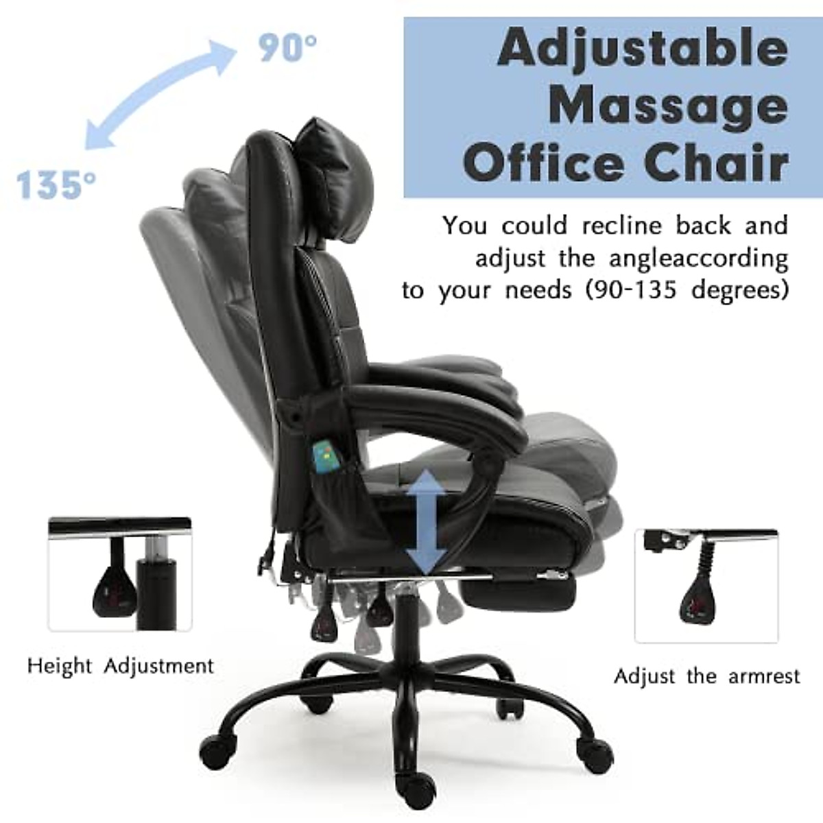 AVAWING Swivel Office Chair, High Back Adjustable Home Office Desk Chair, Heated Massage Office Chair with 6-Point Vibration, Ergonomic Executive Office Chair with Padded Armrests, Black