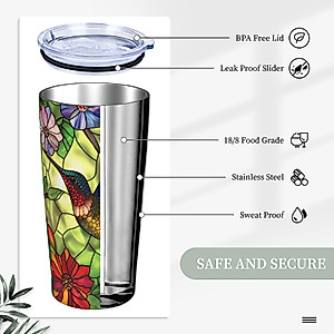 20 Oz Tumbler with Lid and Straw, Stained Glass Hummingbird Art Insulated Tumbler Stainless Steel Cups, Personalized Coffee Tumbler Travel Mug Water Bottle