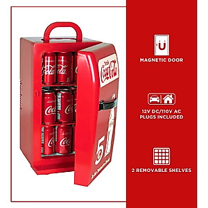 Coca-Cola Retro 18 Can Mini Fridge w/ 12V DC and 110V AC Cords, 22L (23 qt), Portable Cooler, Red, Travel Fridge for Drinks, Snacks, Lunch, Home, Office, Dorm Room, RV