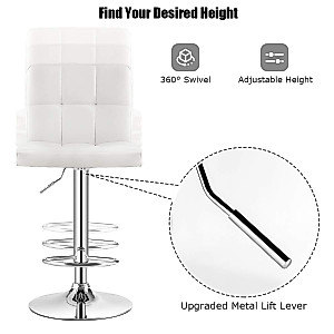 COSTWAY Bar Stool, Comfortable Swivel Adjustable PU Leather Bar Chair with Backrest, Soft Cushioned Seat, Footrest, Sturdy Metal Frame, Barstools for Kitchen, Pub(White, Set of 2)