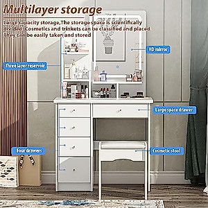 FUFU&GAGA Vanity Set with Mirror, Makeup Vanity Dressing Table with 5 Drawers, Shelves, Dresser Desk and Cushioned Stool Set (Lighted Mirror Vanity Set, 31.5" W x 15.7" D x 55.1" H)